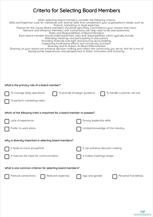 Criteria for Selecting Board Members. Interactive worksheet | TopWorksheets