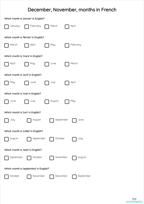 December, November, months in French. Interactive worksheet | TopWorksheets