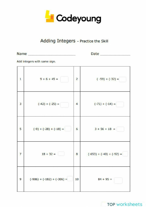 An Introduction to Addition of Integers Advanced. Interactive worksheet ...