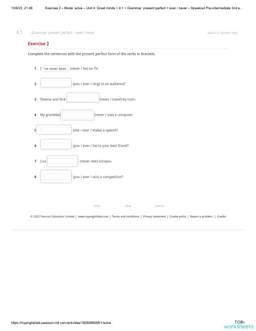 Present perfect + ever / never. Interactive worksheet | TopWorksheets