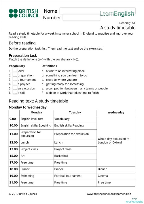 A study timetable. Interactive worksheet | TopWorksheets