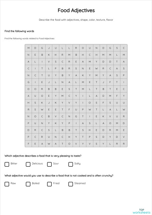 Food Adjectives. Interactive worksheet | TopWorksheets