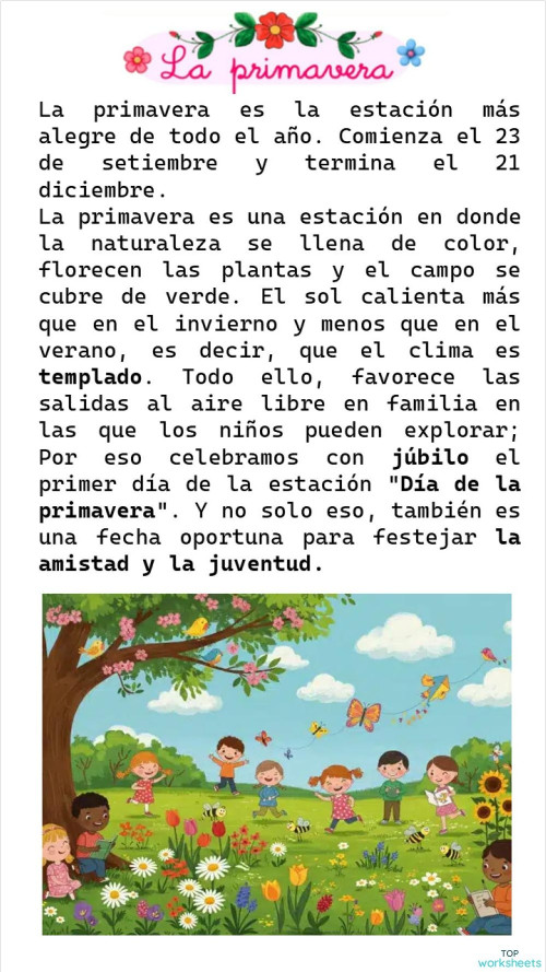 Lectura la Primavera. Ficha interactiva | TopWorksheets