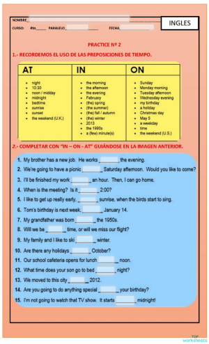 4to A - B ___PRAC. Nº 2 ___IN - ON - AT. Ficha interactiva | TopWorksheets