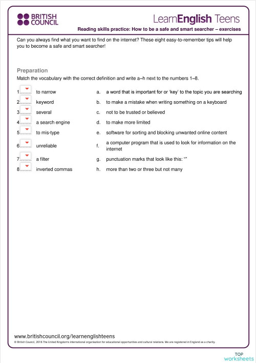 B1 reading How to be a safe and smart searcher. Interactive worksheet | TopWorksheets
