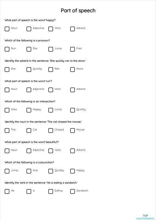 Part of speech. Interactive worksheet | TopWorksheets