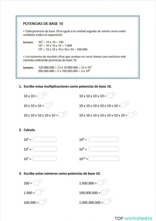 Potencias de base 10. Ficha interactiva | TopWorksheets