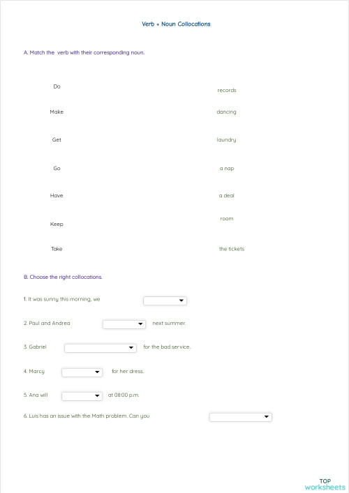 collocations: interactive worksheets and online exercises | TopWorksheets