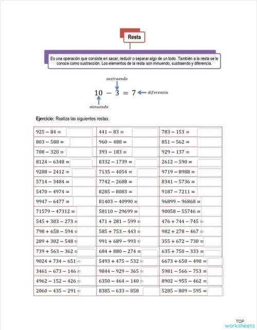 Restando con ceros, en el minuendo 01. Ficha interactiva | TopWorksheets
