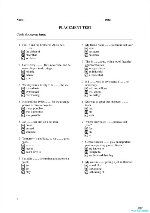 C1 Placement test. Interactive worksheet | TopWorksheets