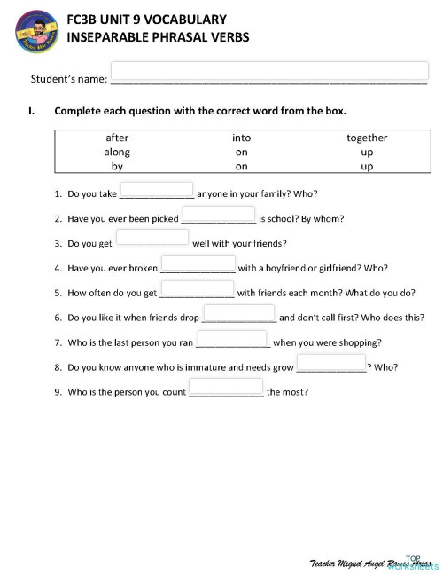 FC3B UNIT 9 VOCABULARY - INSEPARABLE PHRASAL VERBS. Interactive ...