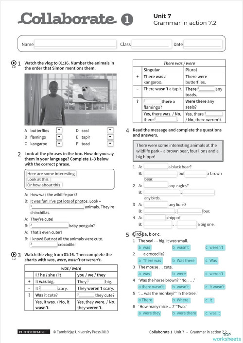 Collaborate 1 - Grammar In Action 7.1 - Was/Were & There Was/There Were ...