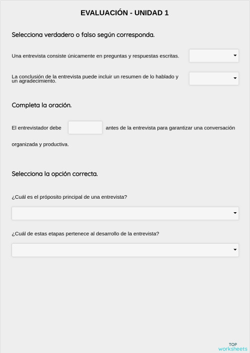 EVALUACIÓN - UNIDAD 1. Ficha interactiva | TopWorksheets
