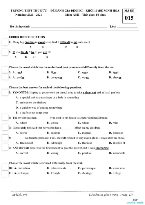 FINAL TERM TEST 2 GRADE 10. Interactive worksheet | TopWorksheets