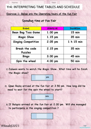 Interpreting Time Table / Schedule. Interactive worksheet | TopWorksheets
