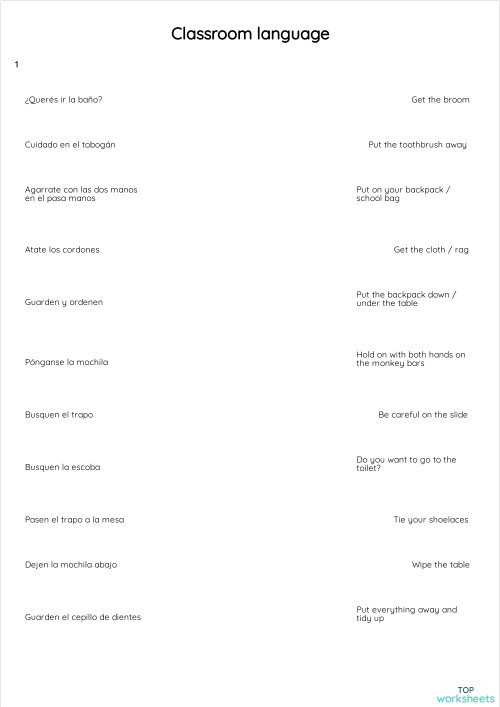 Classroom language. Interactive worksheet | TopWorksheets