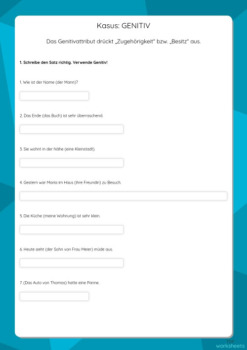 Kasus: GENITIV. Interaktives Arbeitsblatt | TopWorksheets
