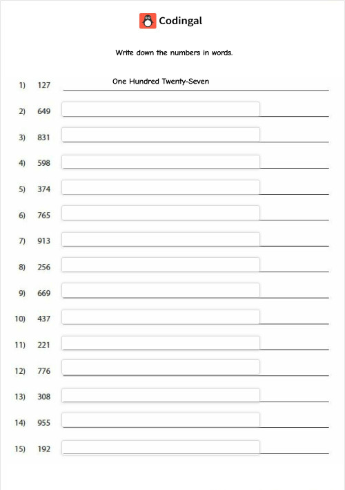 M_G02M03L14_WE01_Number Names upto 999. Interactive worksheet | TopWorksheets