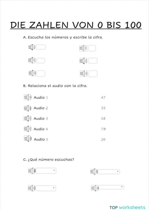 Zahlen von 0 bis 100. Interaktives Arbeitsblatt | TopWorksheets
