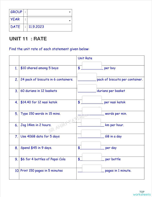 YEAR 5 UNIT 11: RATE ACTIVITY. Interactive worksheet | TopWorksheets