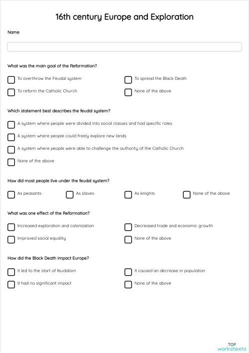 16th century Europe and Exploration. Interactive worksheet | TopWorksheets