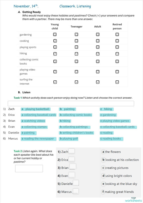 14th November. Classwork / Listening. Interactive worksheet | TopWorksheets