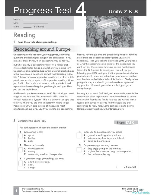 Close-up A2 Progress Test 4 Reading. Interactive worksheet | TopWorksheets
