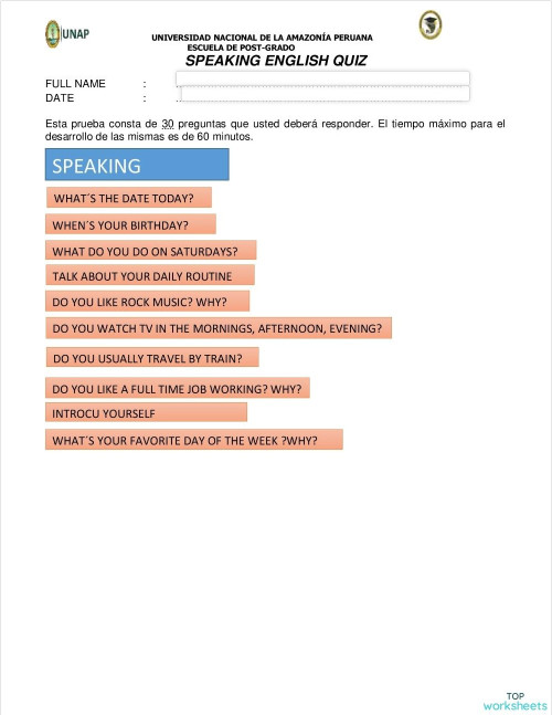 English Speaking Quiz. Interactive worksheet | TopWorksheets