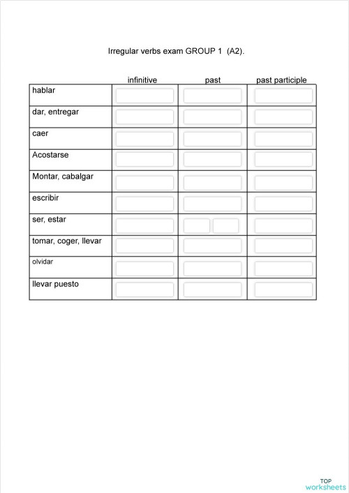 A2 Irregular verbs exam GROUP 1. Interactive worksheet | TopWorksheets