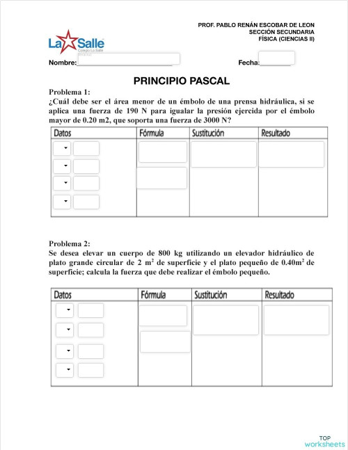 Principio Pascal: fichas interactivas y ejercicios online | TopWorksheets