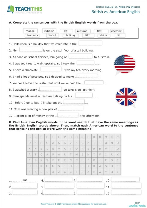 CLASS: AMERICAN VS BRITISH ENGLISH. Interactive worksheet | TopWorksheets