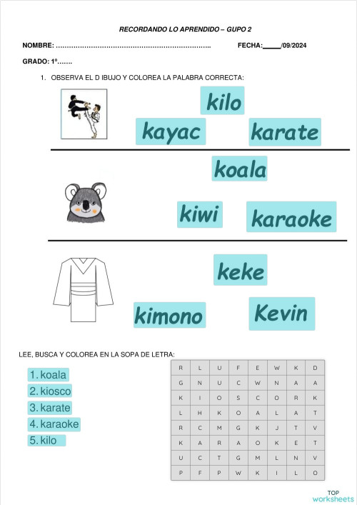 Palabras con K - Nivel 2. Ficha interactiva | TopWorksheets