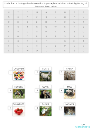 Unit 7: Uncle Sam's Farm Wordsearch. Interactive worksheet | TopWorksheets