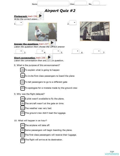 Airport Quiz 2 ใบงานเชิงโต้ตอบ | TopWorksheets