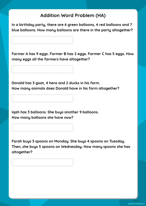 Addition Word Problem (HA). Interactive worksheet | TopWorksheets
