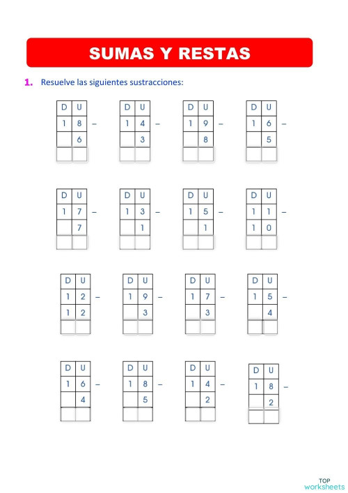 Ficha Suma de números del 1 al 20. Ficha interactiva | TopWorksheets