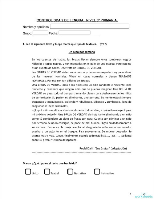 CONTROL TEMA 9 LENGUA.: fichas interactivas y ejercicios online | TopWorksheets