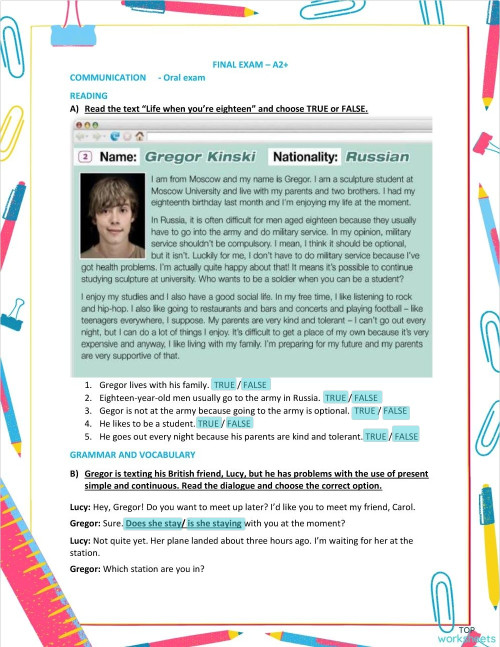 A2plus Final Exam. Interactive worksheet | TopWorksheets