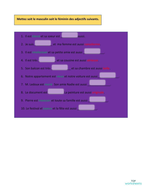 Test sur les adjectifs au masculin et au féminin. Fiche interactive ...