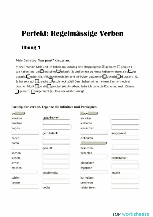 Perfekt Übung 2 - regelmässige Verben. Interactive worksheet ...