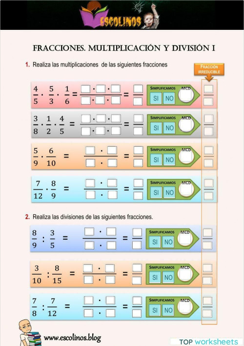 Fracciones. Multiplicación y división I. Ficha interactiva | TopWorksheets