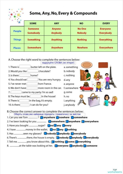 Some / any / no / every & their compounds. Interactive worksheet ...