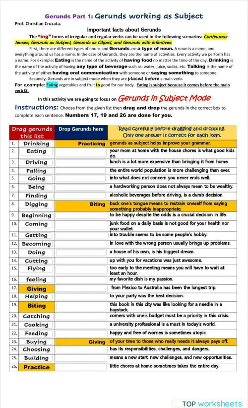 Gerunds in Subject mode. Interactive worksheet | TopWorksheets