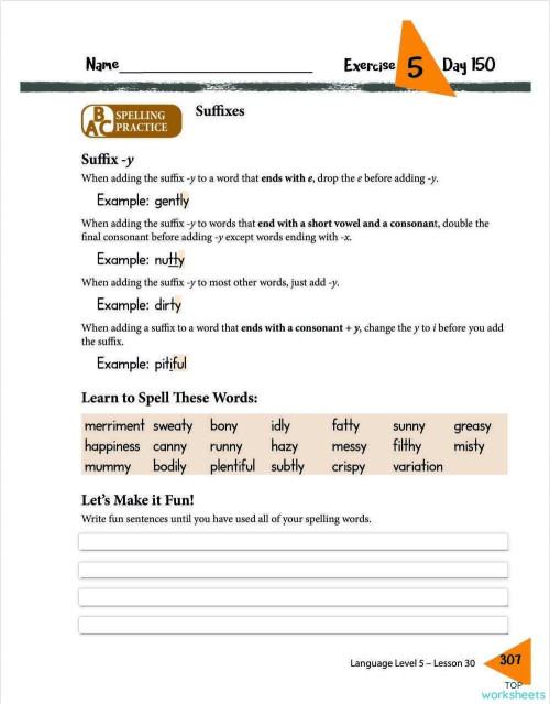 Lesson 30: Pg 307-308 Spelling Practice Ex5. Interactive worksheet ...