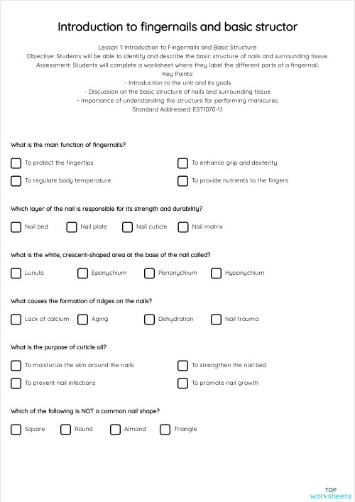 Introduction to fingernails and basic structure. Interactive worksheet ...