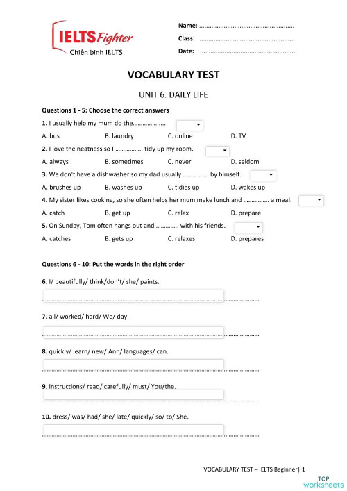 Vocab test 6. Interactive worksheet | TopWorksheets