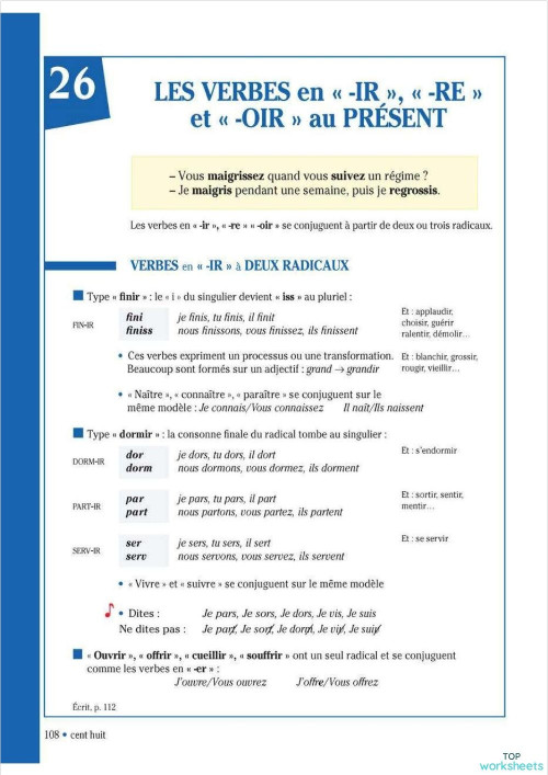 les verbes -ir, -re. Fiche interactive | TopWorksheets