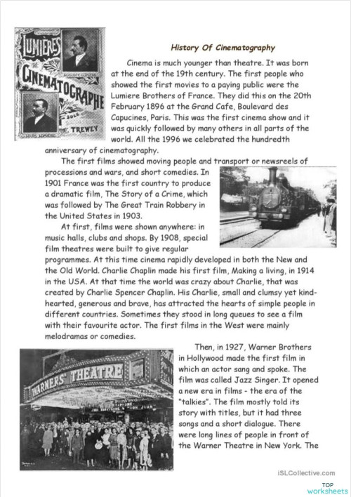 HISTORY OF CINEMATOGRAPHY. Interactive worksheet | TopWorksheets