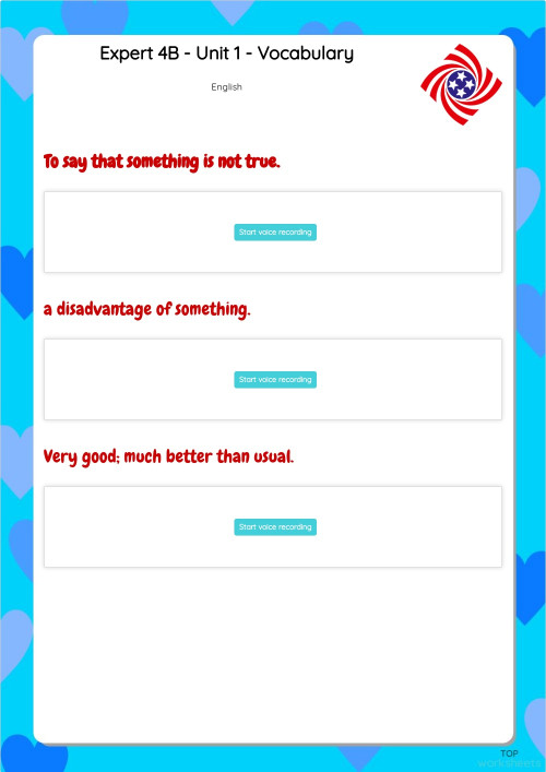 Expert 4B - Unit 1 - Vocabulary. Interactive worksheet | TopWorksheets