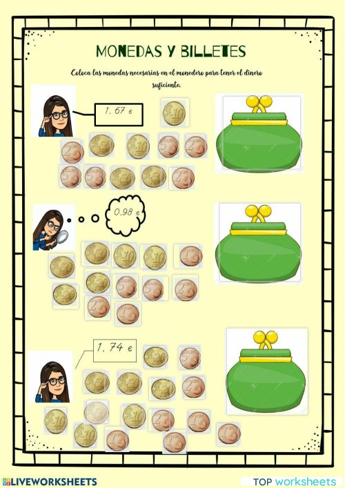 Monedas y billetes. Ficha interactiva | TopWorksheets